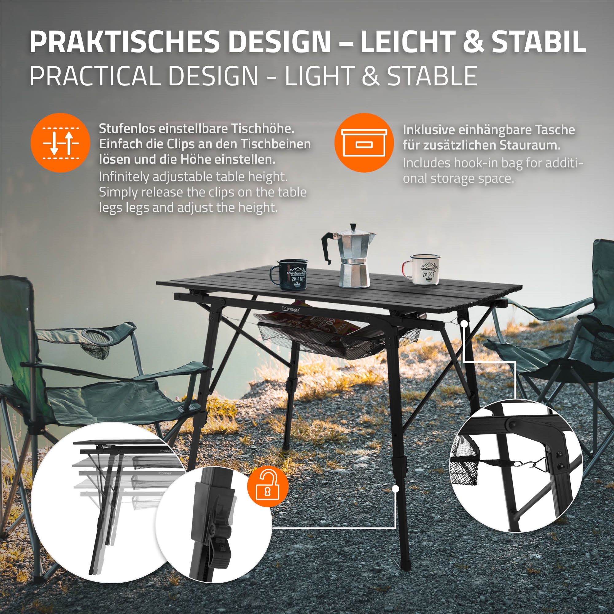 Table De Camping Pliante Aluminium Noir Plateau Enroulable Avec Sac De ...