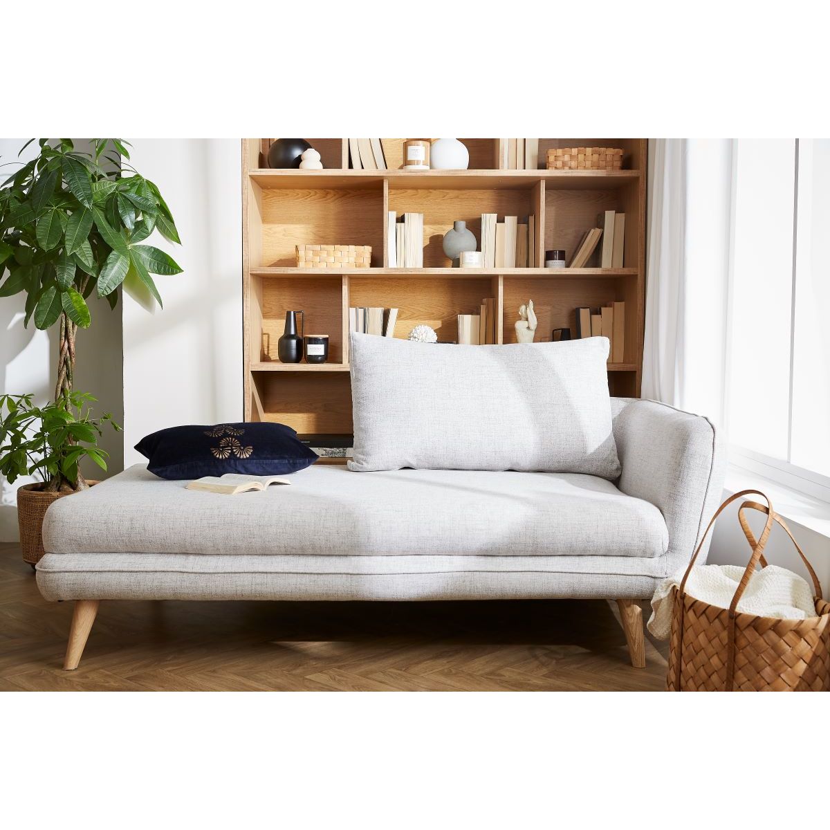 Méridienne Angle Gauche Scandinave En Tissu Gris Clair Chiné Et Bois ...