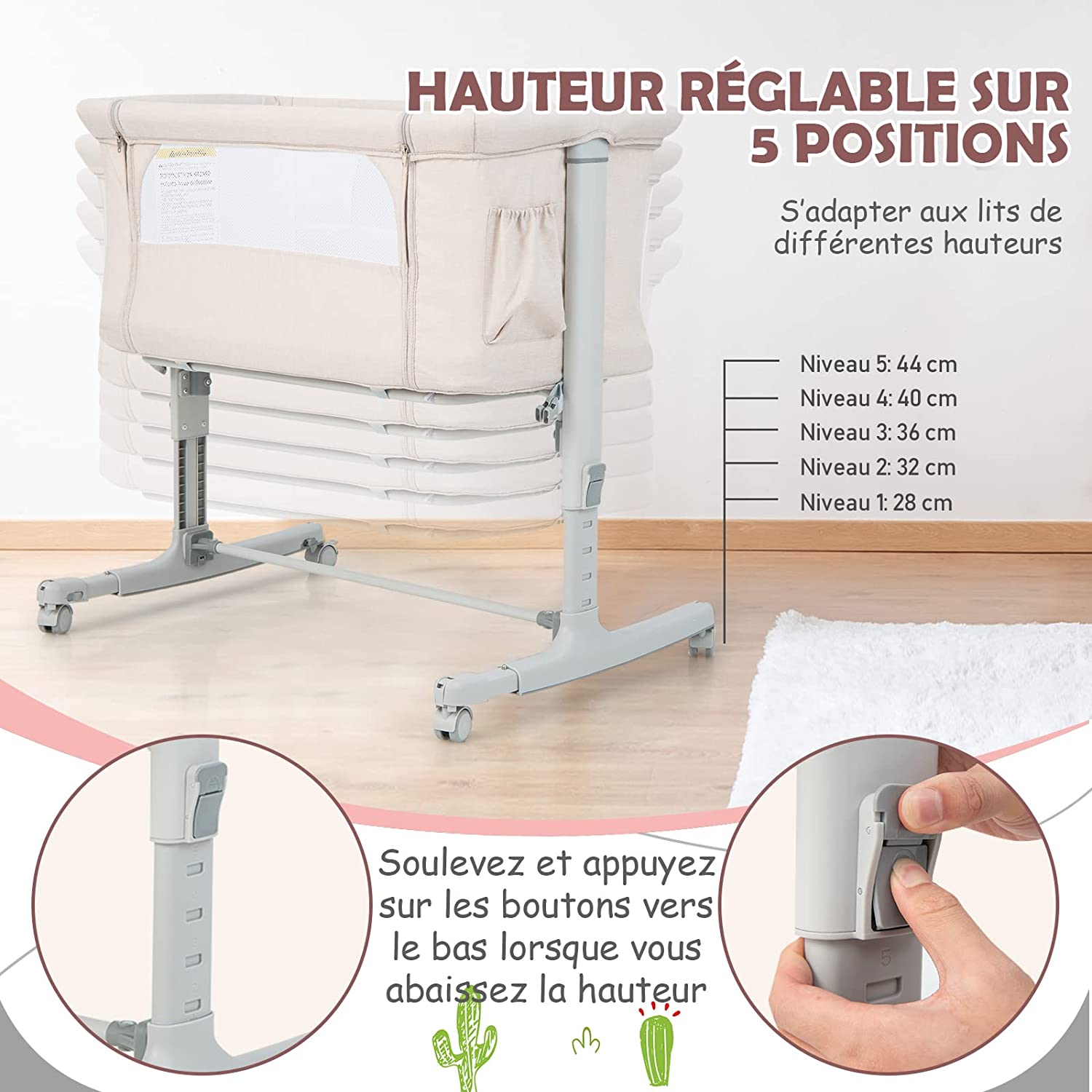 Lit Cododo Bébé 3 En 1 Avec Hauteur Réglable 5 Niveaux, Lit Berceau ...