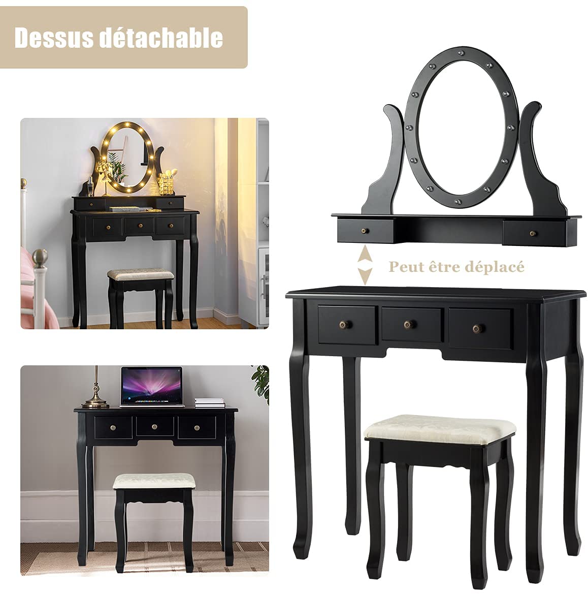 Coiffeuse,table De Maquillage Avec Miroir Ovale Rotative En Bois Avec 5 ...