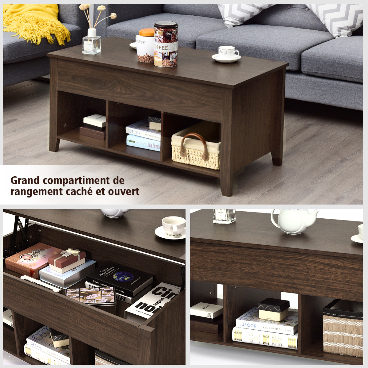Costway Table Basse Avec Plateau Relevable Avec Trois Compartiments 104 ...