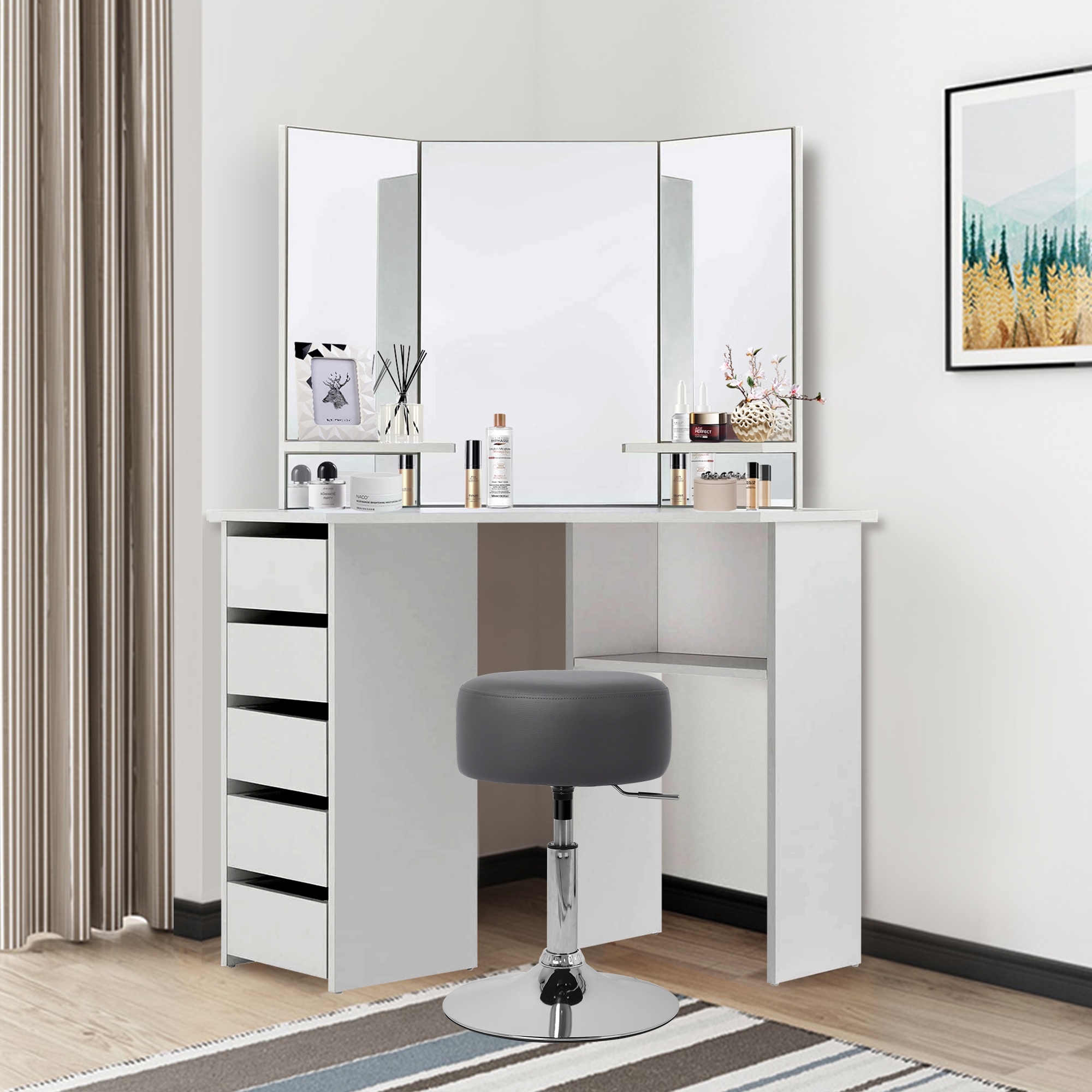 Table De Maquillage D'angle Coiffeuse Moderne Avec Miroir + Tabouret ...