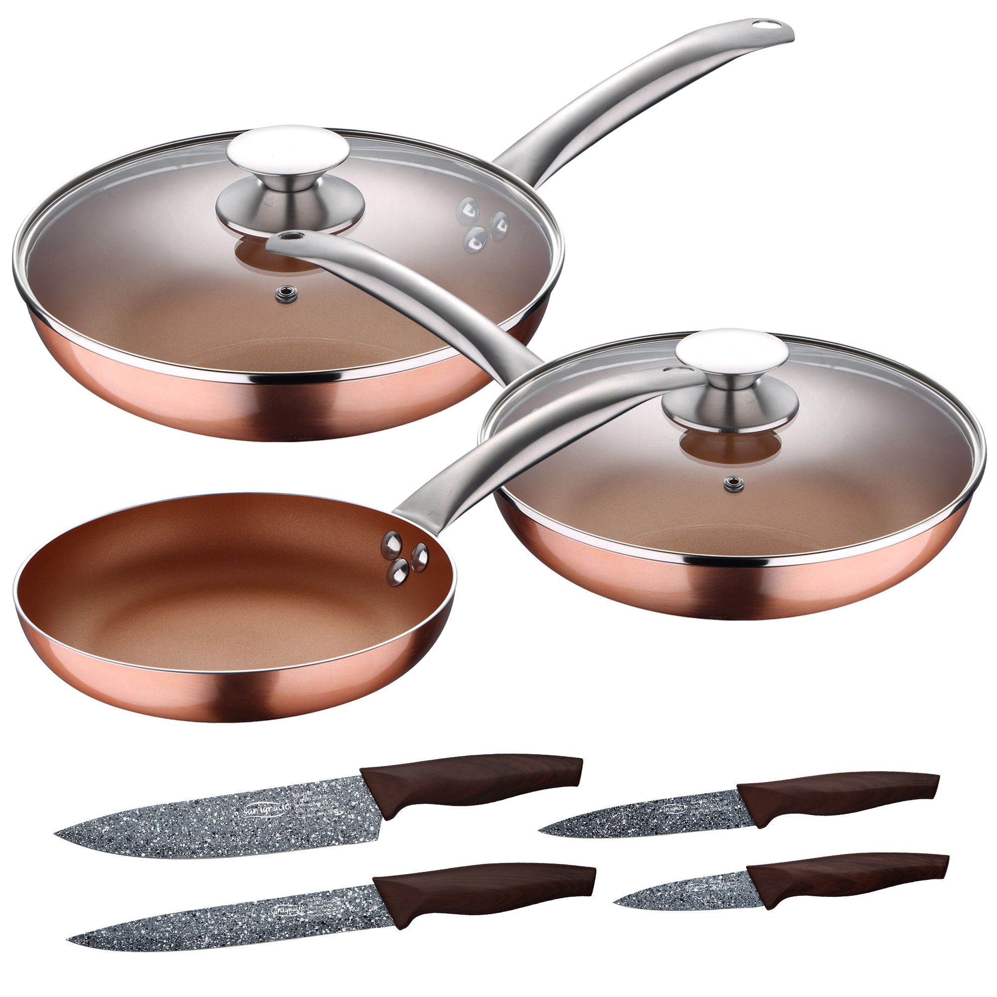 Set 5pc Poêles À Frire (avec Couvercle) En Aluminium Pressé Induction Avec Set 4pc Couteaux En ...