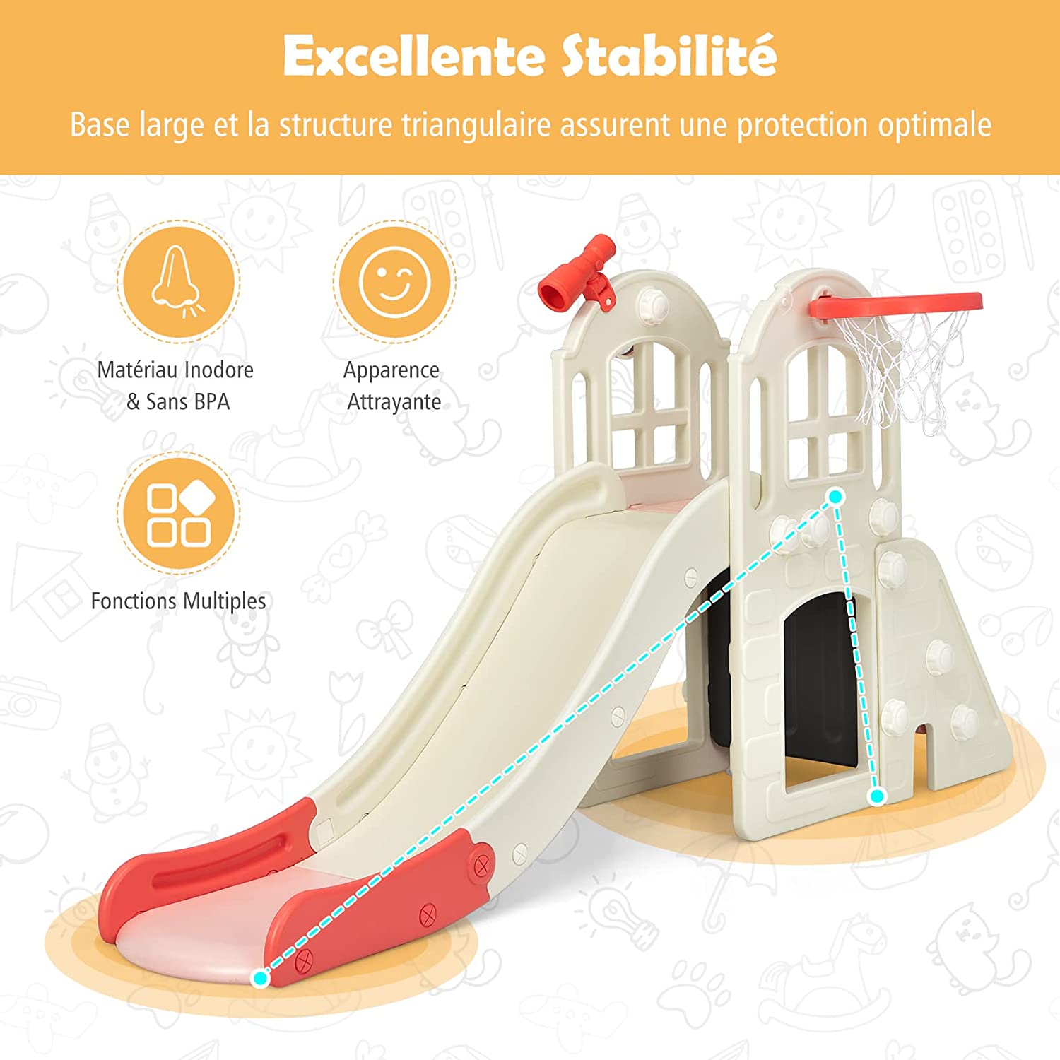 Costway Toboggan 6 En 1 Pour Enfant - Glisse De 140 Cm - Avec Panier De Basket, Escalade, Lancer ...