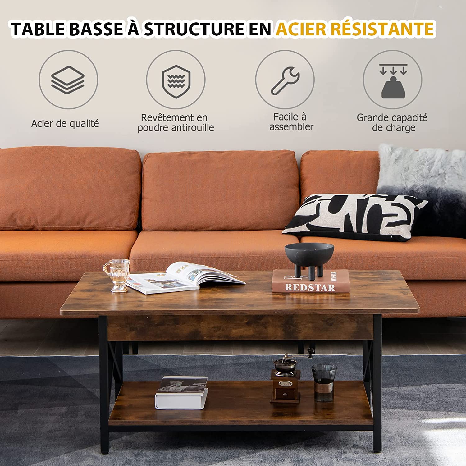 Costway Table Basse À 2 Niveaux, 110 X 60 X 48 Cm, Avec Cadre ...