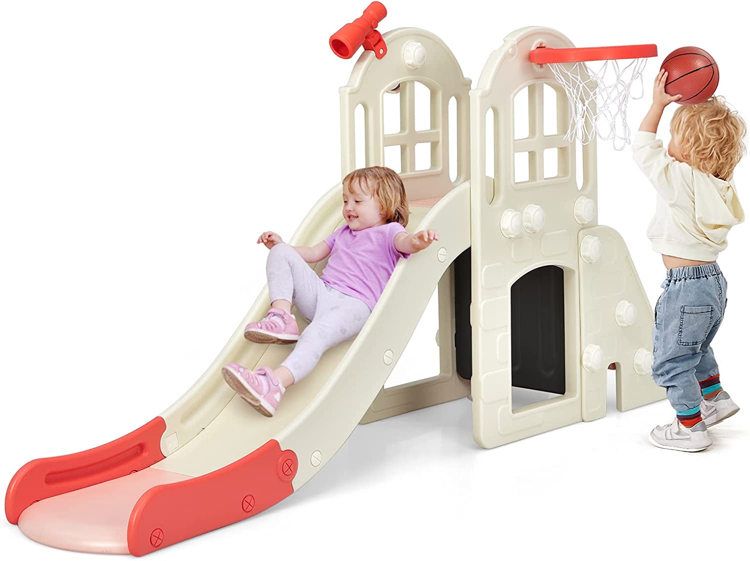 Costway Toboggan 6 En 1 Pour Enfant - Glisse De 140 Cm - Avec Panier De Basket, Escalade, Lancer ...