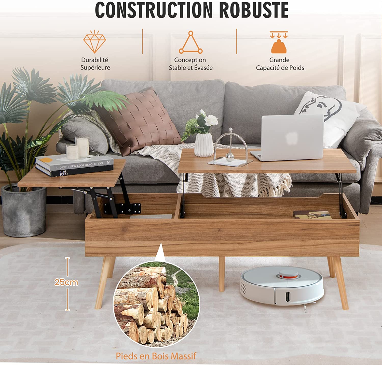 Costway Table Basse Relevable Avec 2 Plateau Relevables Et 2 ...