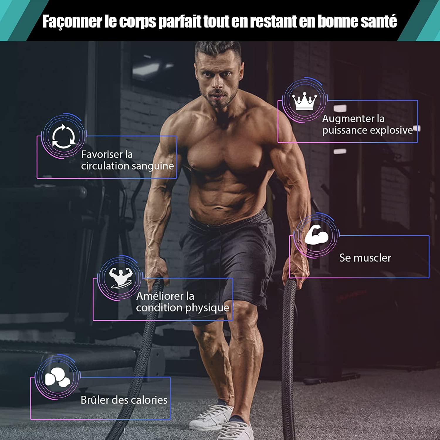 Corde De Combat 15m 35mm Battle Rope Pour Sport Avec Kit De Sangles De ...