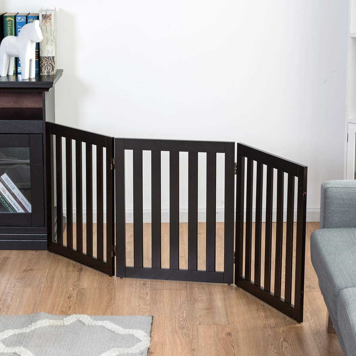 Costway Barrière Pour Chien 3 Panneaux En Bois Autoportante Charnières ...