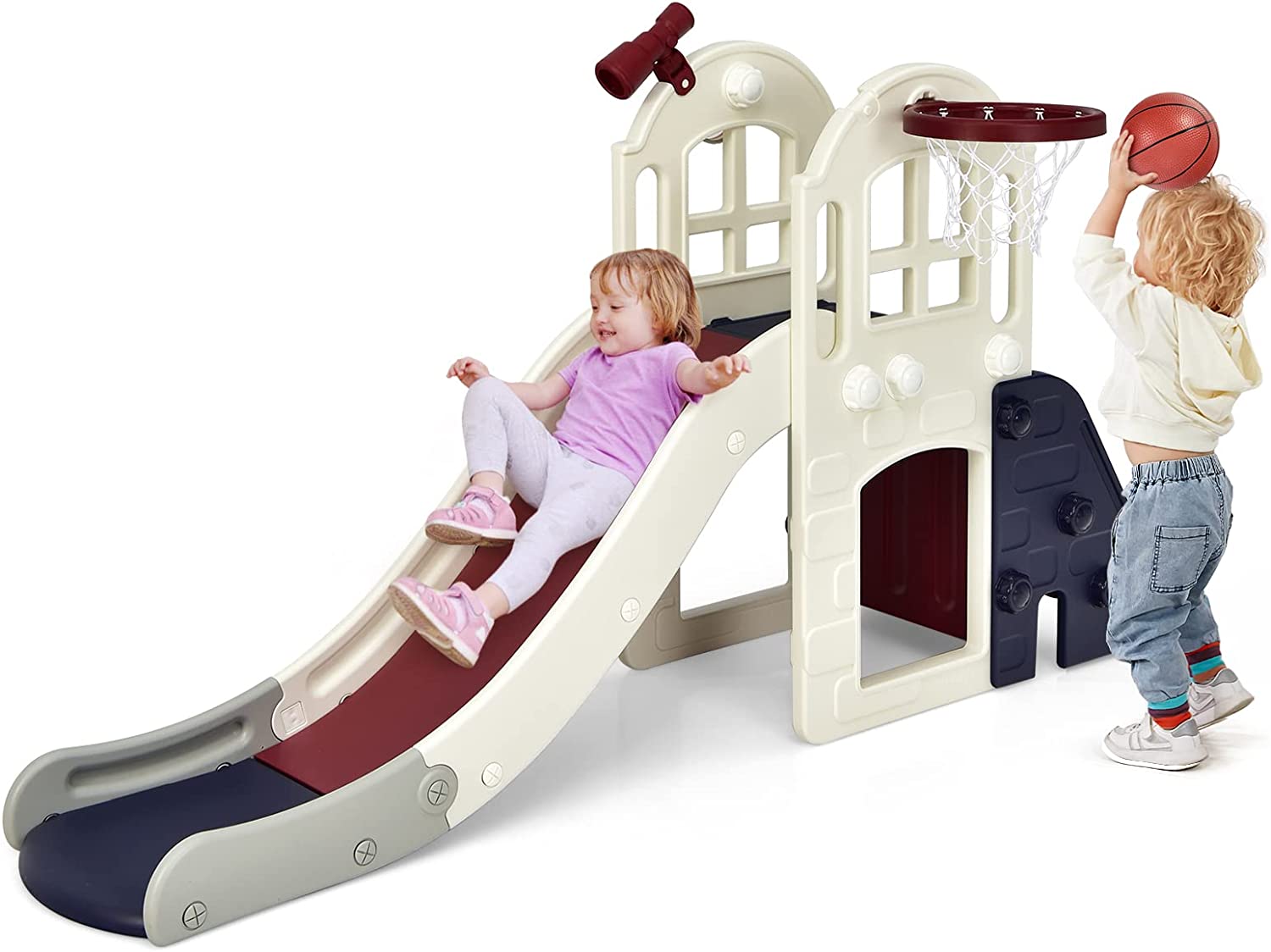 Costway Toboggan 6 En 1 Pour Enfant - Glisse De 140 Cm - Avec Panier De Basket, Escalade, Lancer ...