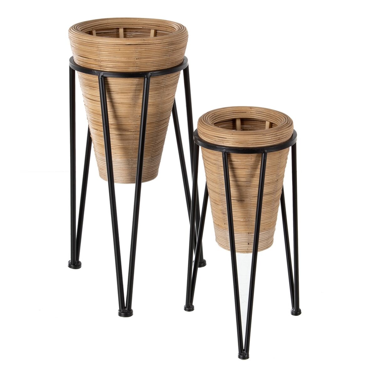 Set De Pots De Fleurs 34 X 34 X 58 Cm Naturel Noir Métal Bambou (2 ...