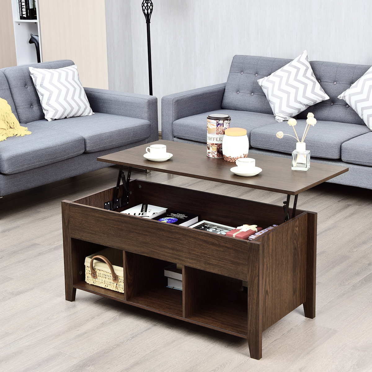 Costway Table Basse Avec Plateau Relevable Avec Trois Compartiments 104 ...