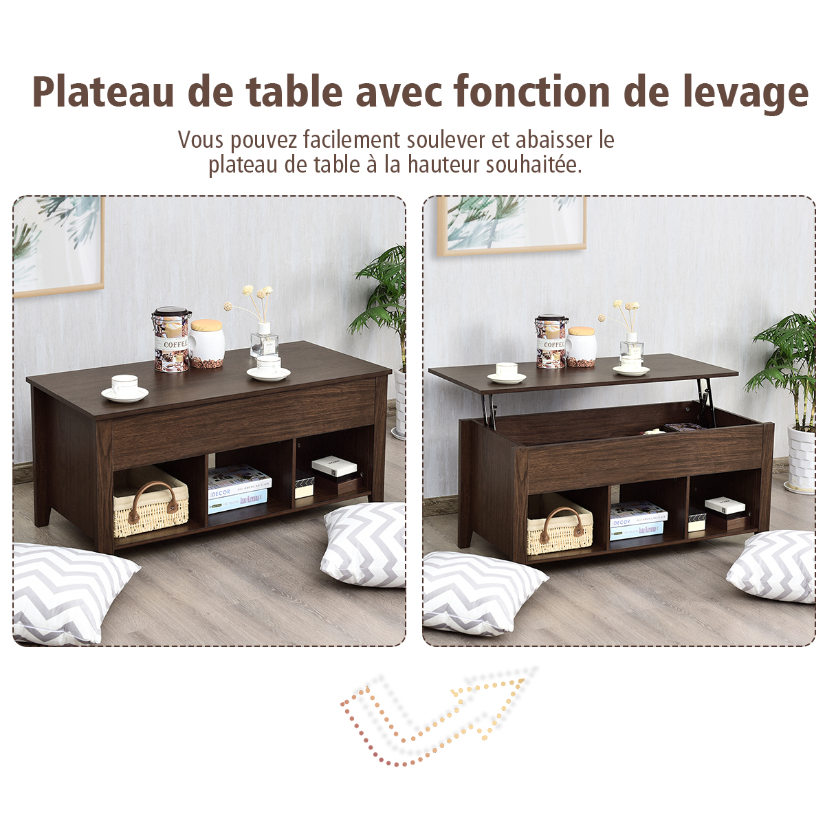 Costway Table Basse Avec Plateau Relevable Avec Trois Compartiments 104 ...