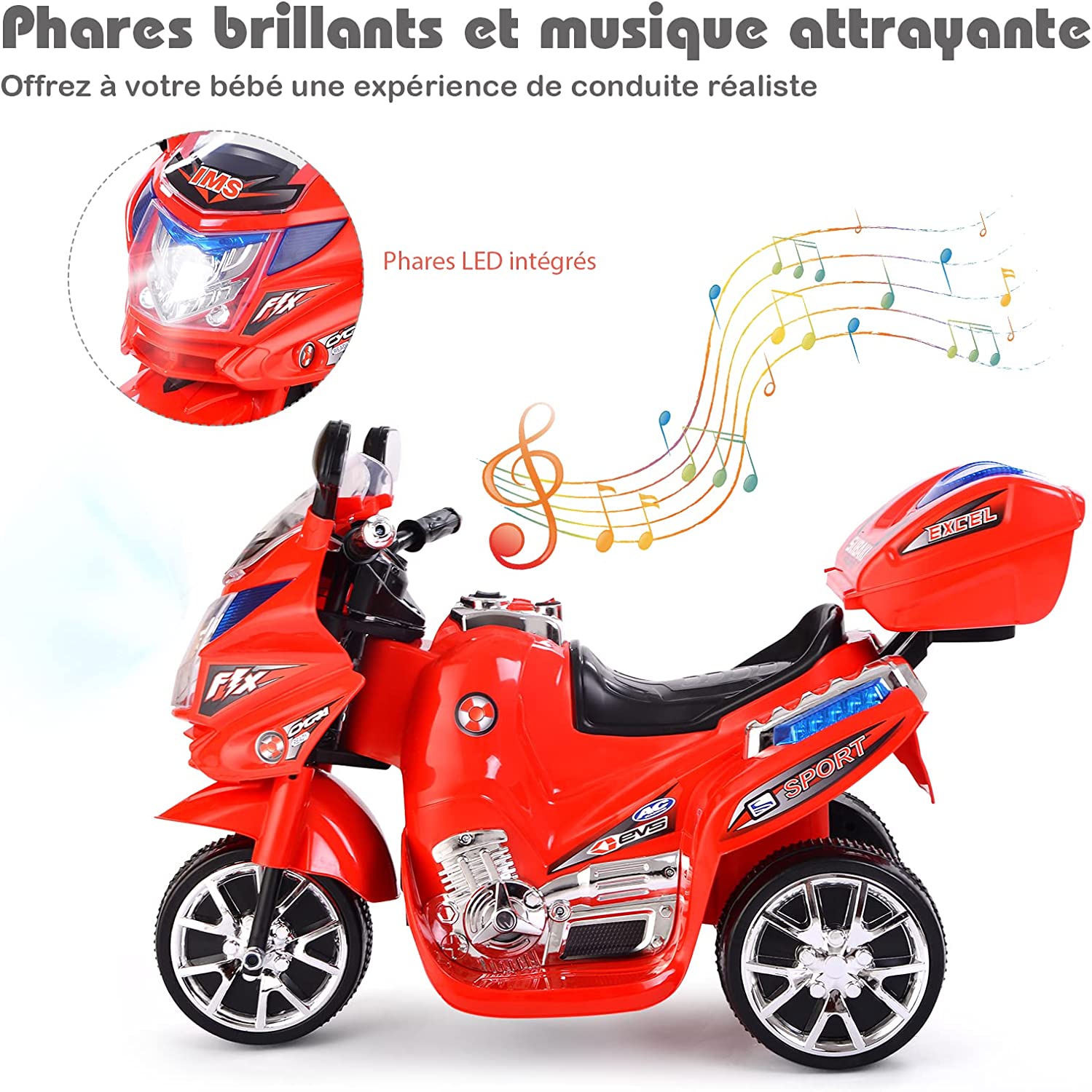 Moto Electrique Pour Enfants Scooter 6 V À 3 Roues Avec Phares Led 37 ...