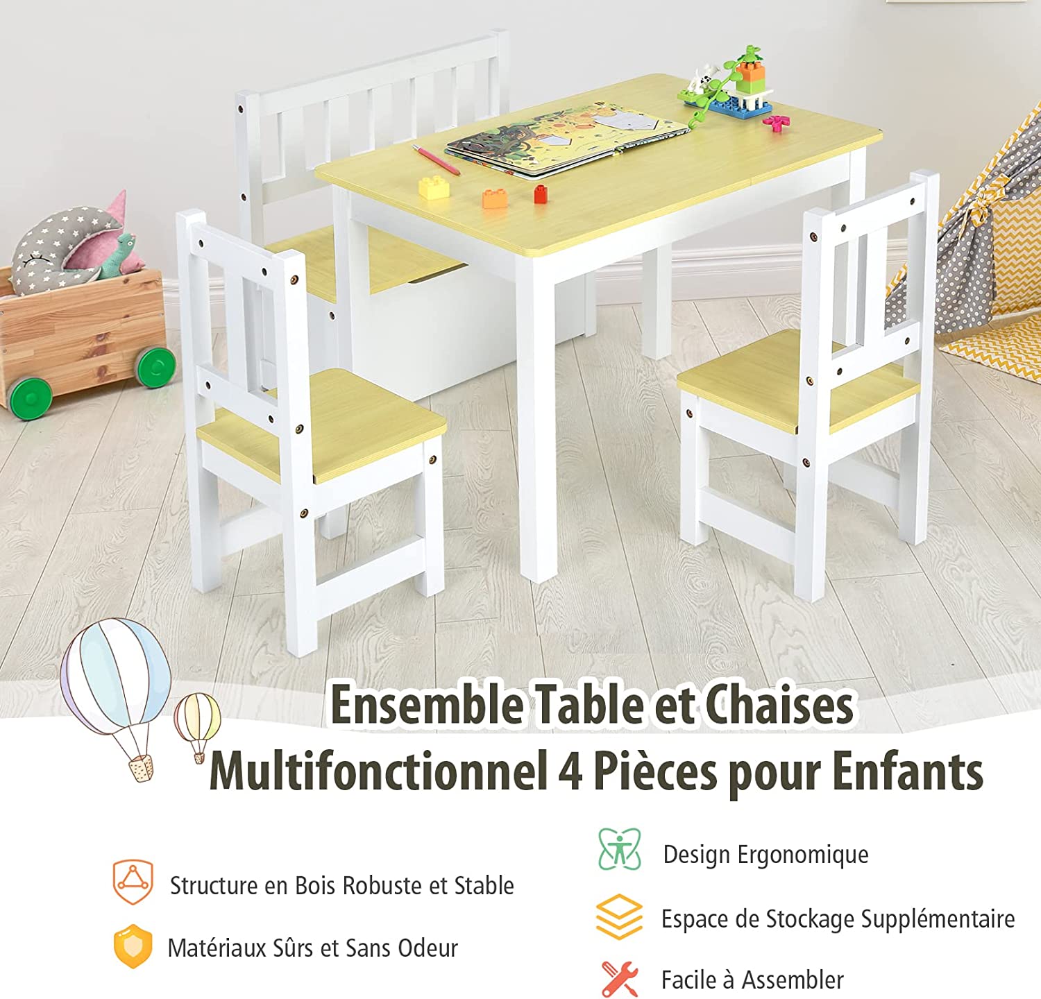 Costway Ensemble Table Et Chaises Pour Enfants, Table Et 2 Chaises Et 1 Banc Avec Espace à Prix ...