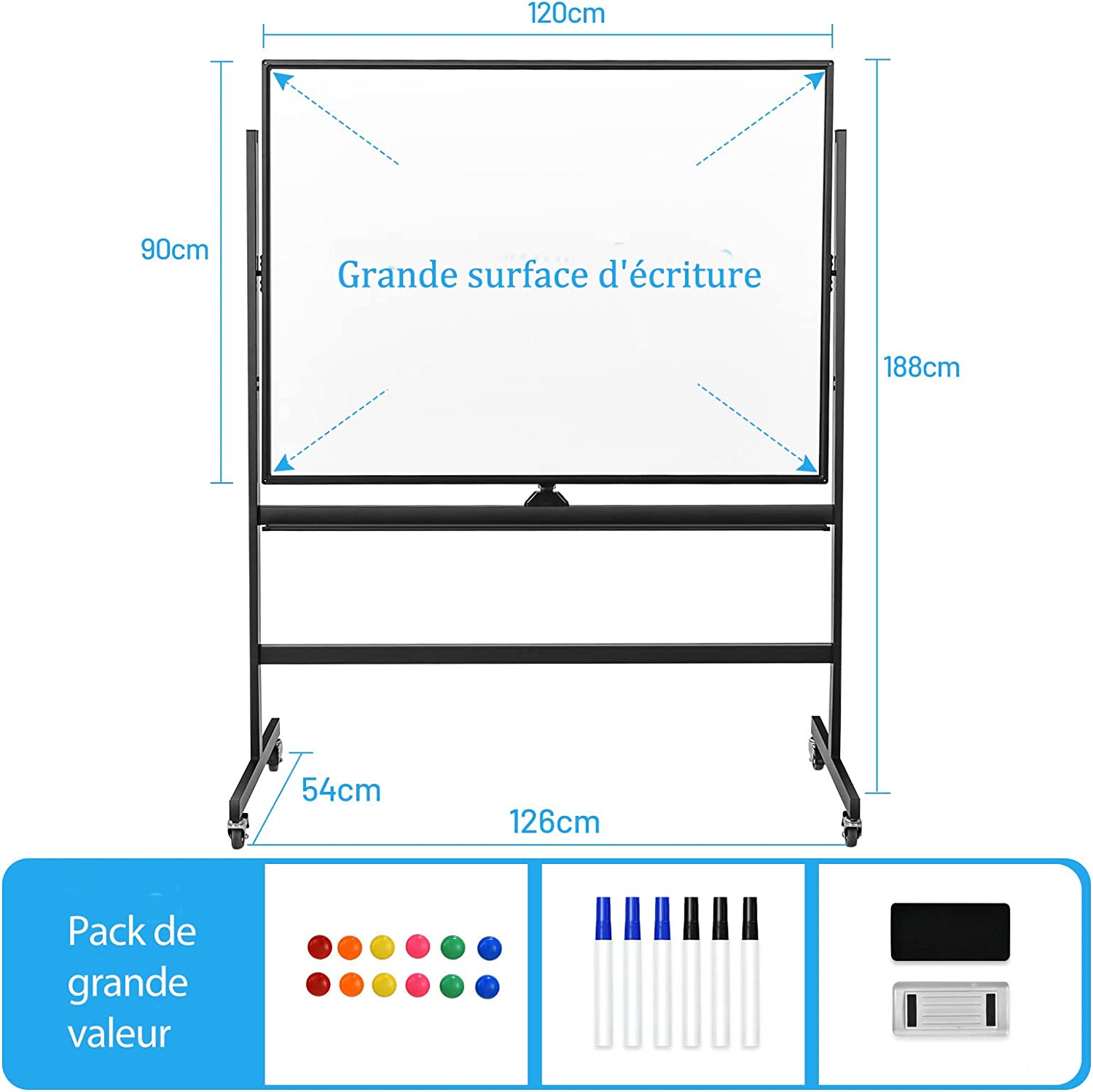 Tableau Blanc Magnétique 90x120cm Réversible À 360° Réglable à Prix ...