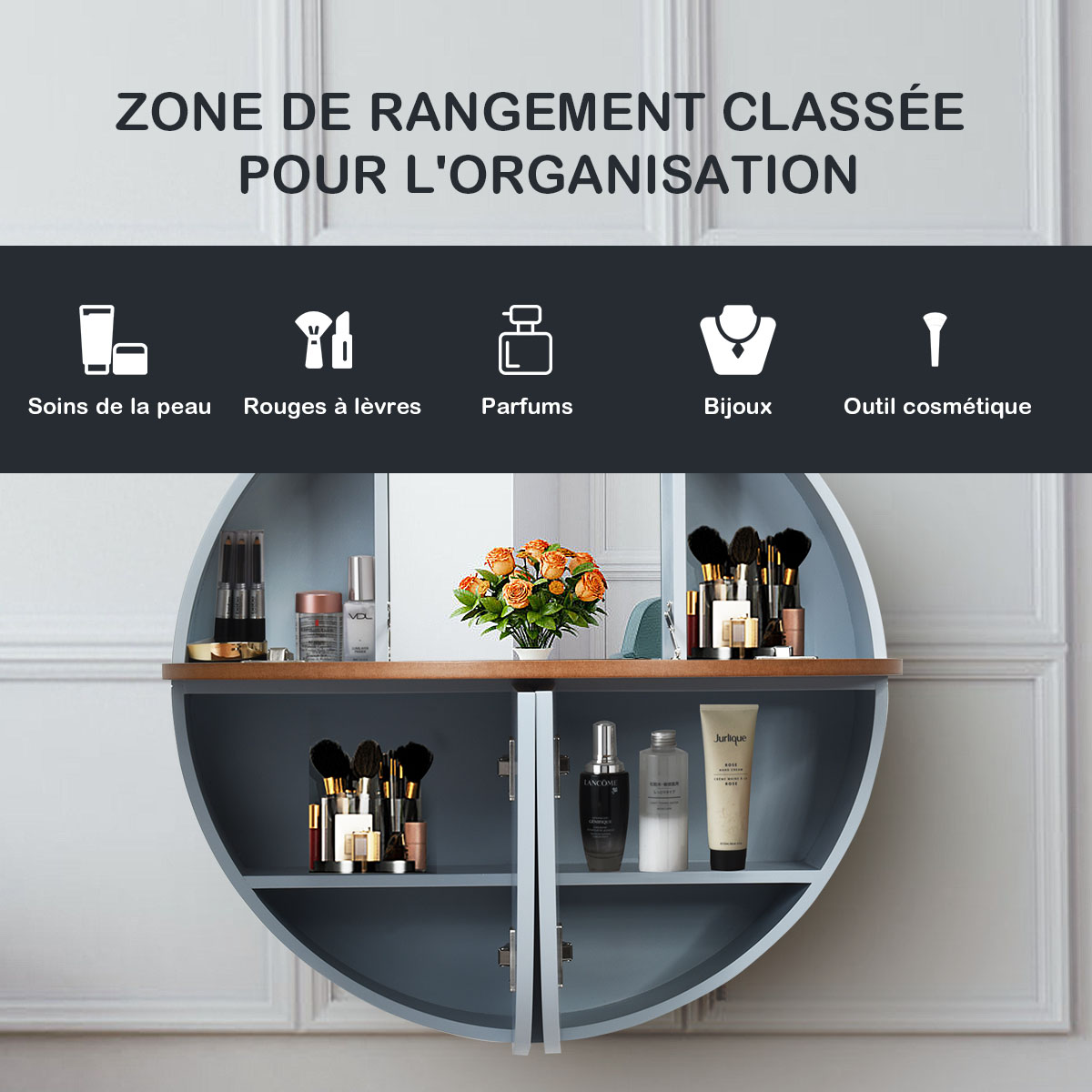 Coiffeuse Murale Ronde Plateau Rabattable Avec 7 Compartiments Et 1 ...