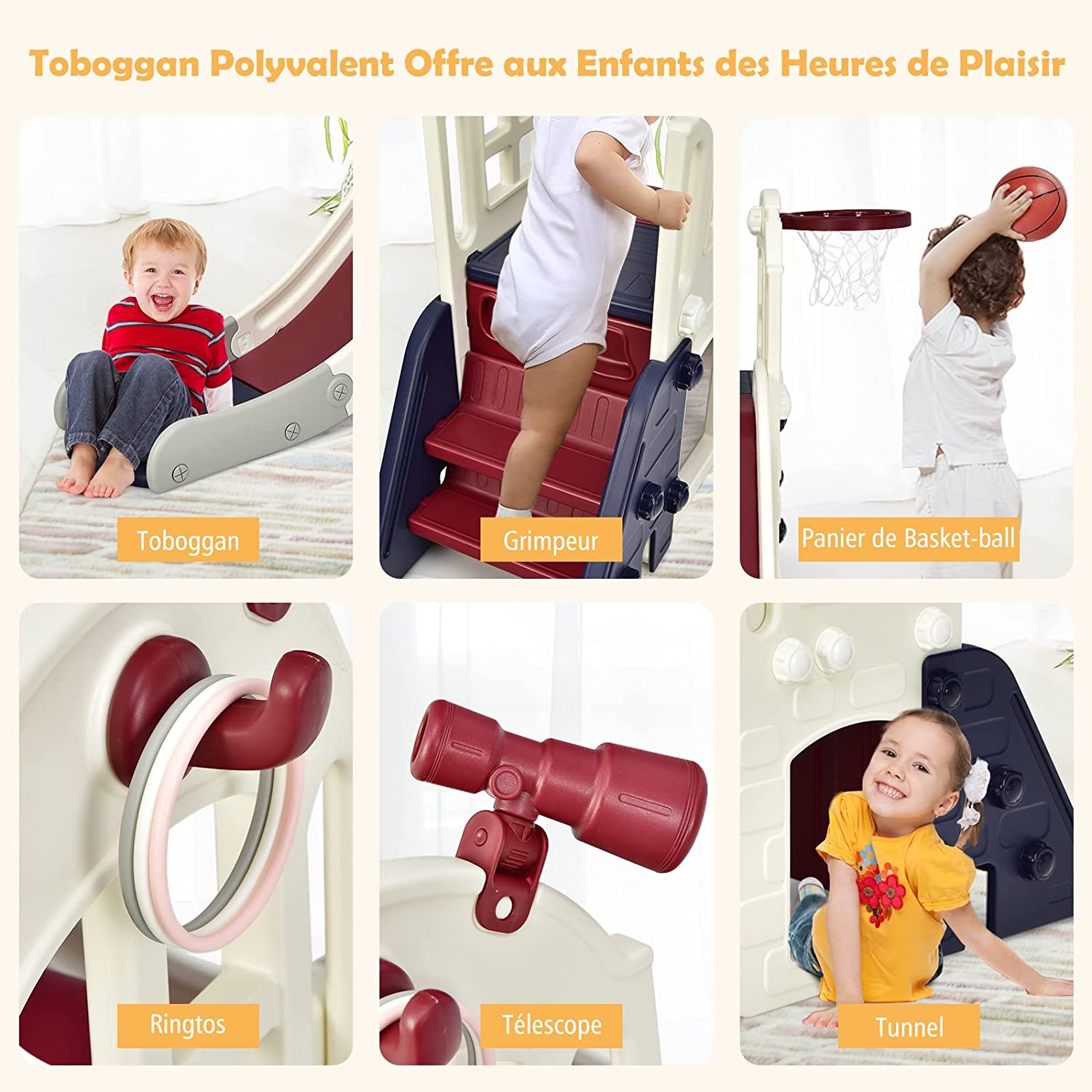 Costway Toboggan 6 En 1 Pour Enfant - Glisse De 140 Cm - Avec Panier De Basket, Escalade, Lancer ...