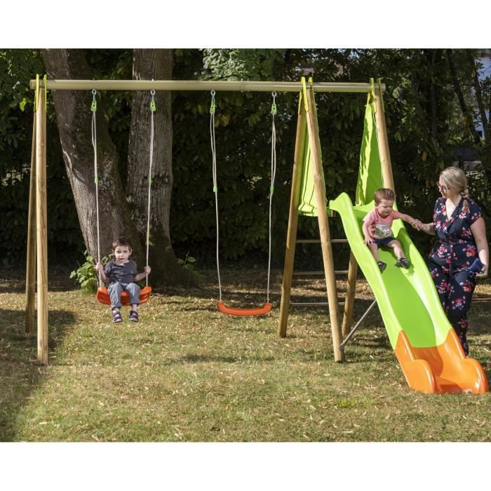 Portique Bois Et Métal - 2,30m - 2 Balançoires Et 1 Toboggan 2,63m ...