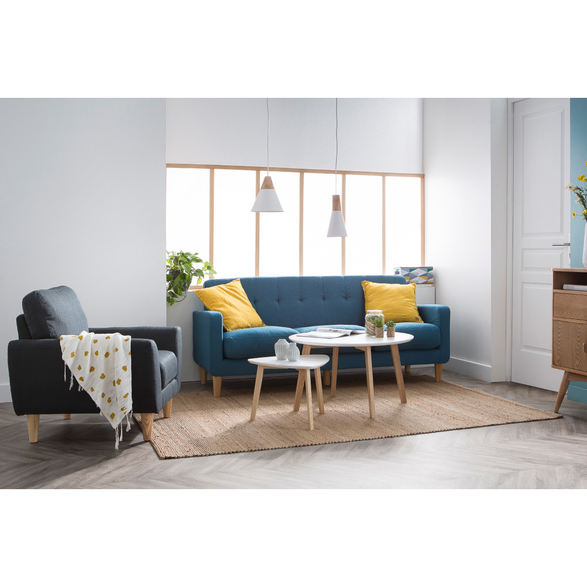 Canapé Scandinave 3 Places En Tissu Bleu Canard Et Bois Clair Luna à ...