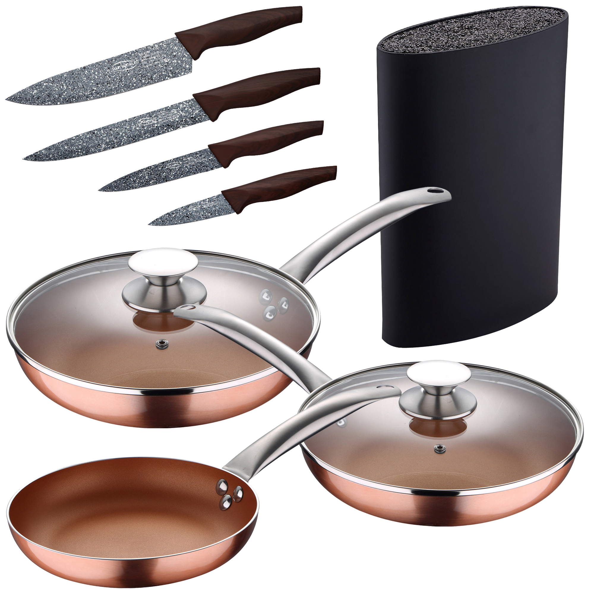Set 5pc Poêles À Frire Avec Couvercle En Aluminium Pressé, Induction Avec Set 4pc Couteaux En ...