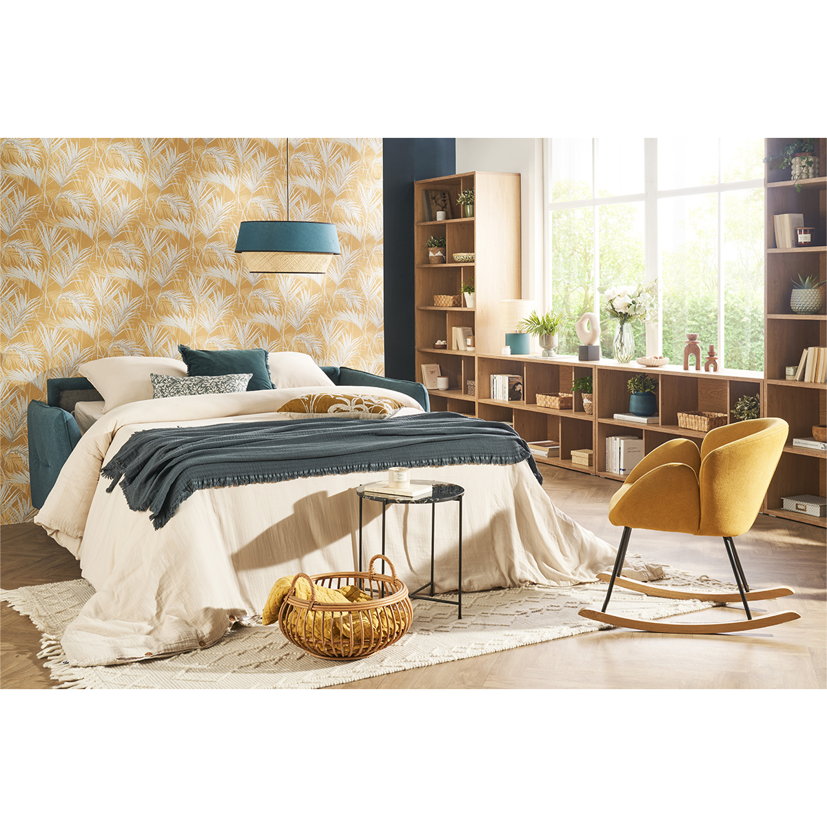 Rocking Chair En Tissu Effet Velours Jaune Moutarde, Métal Noir Et Bois ...