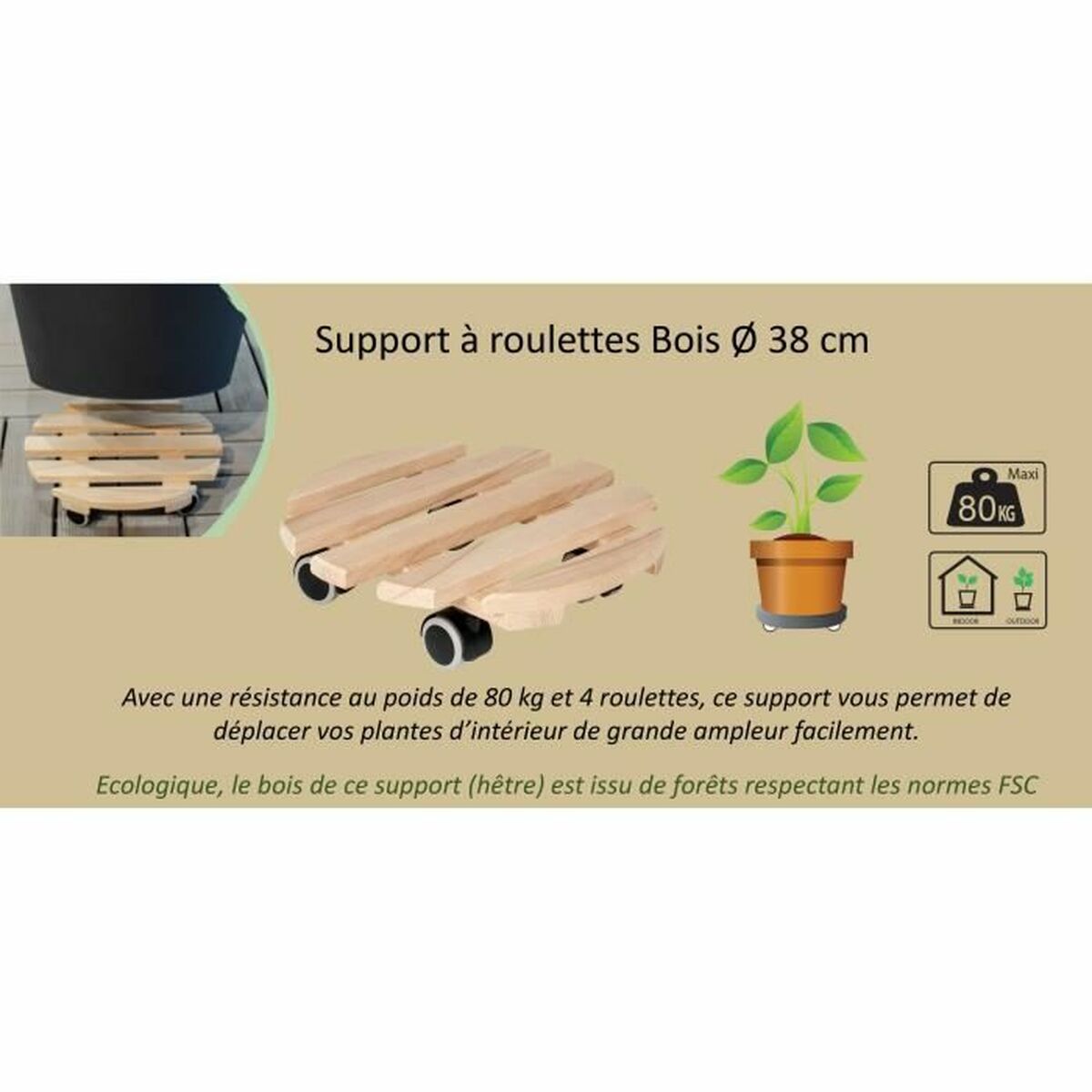 Support À Roulettes Pour Pots De Fleurs Eda 38 X 38 X 8,4 Cm Bois à ...