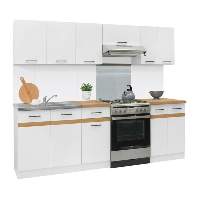 Junona Cuisine Complete 240cm - 7 Élements - Plan De Travail Inclus - Blanc Brillant à Prix ...